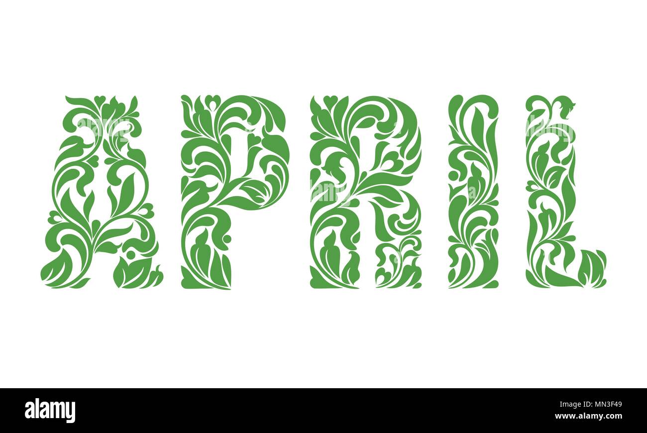 APRIL. Decorative Font with swirls and floral elements isolated on a ...
