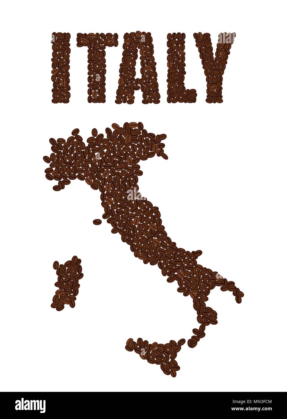 Word ITALY and Map of Italy created from coffee beans isolated on a ...