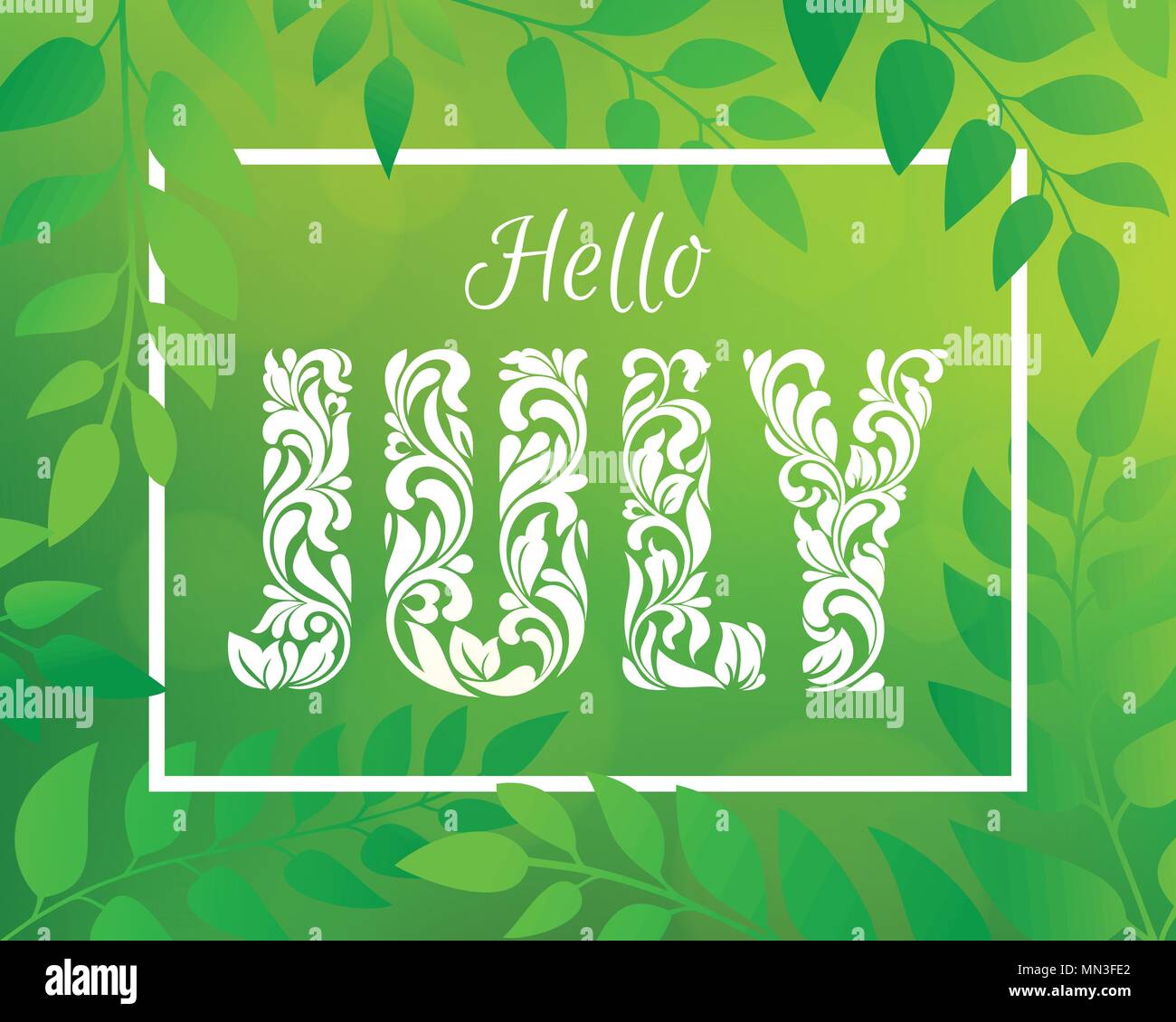 Hello JULY. Decorative Font made in swirls and floral elements. Green ...