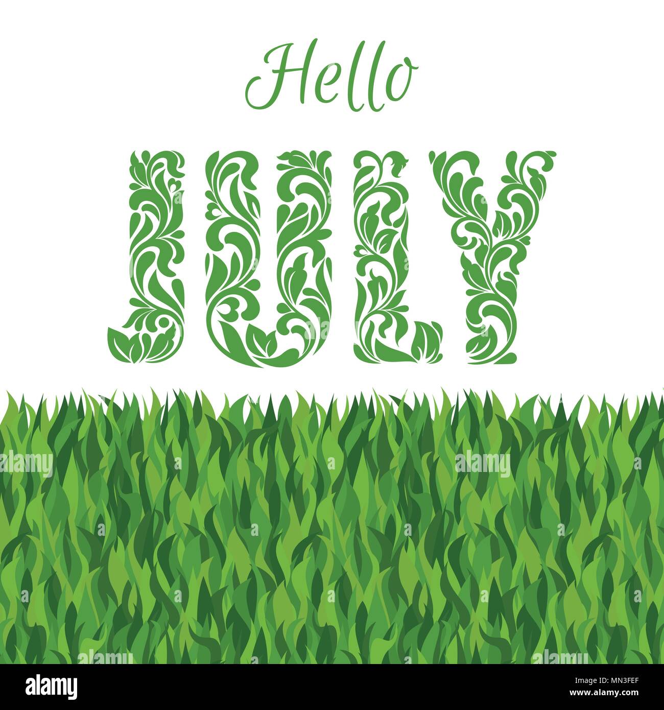 Hello JULY. Decorative Font made in swirls and floral elements isolated ...