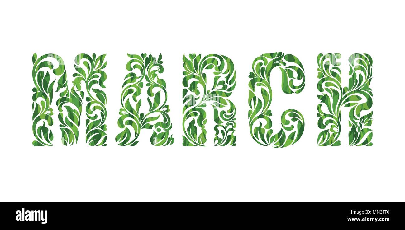 MARCH. Decorative Font with swirls and floral elements isolated on a ...