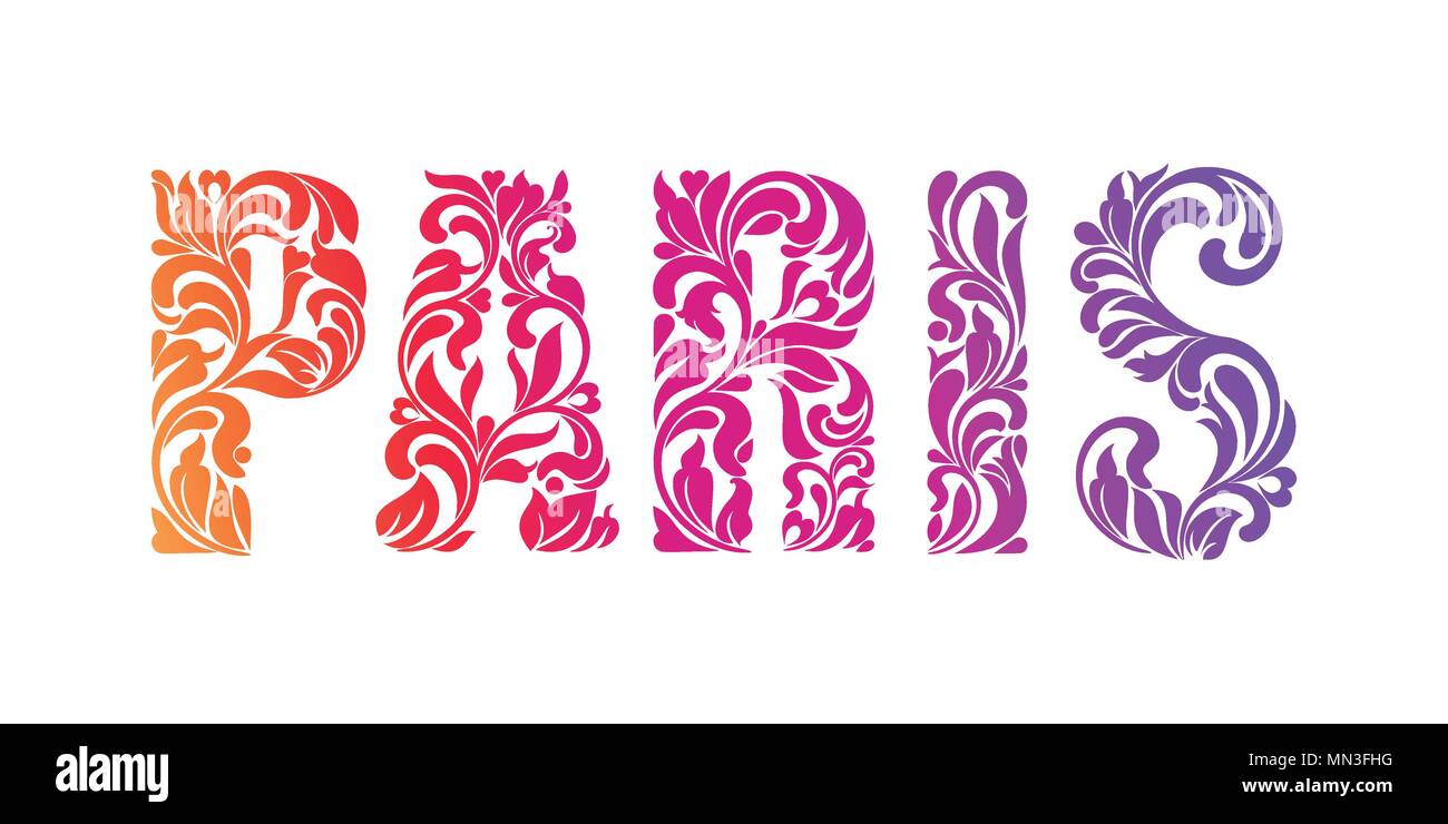 PARIS. Decorative Font made in swirls and floral elements isolated on a ...