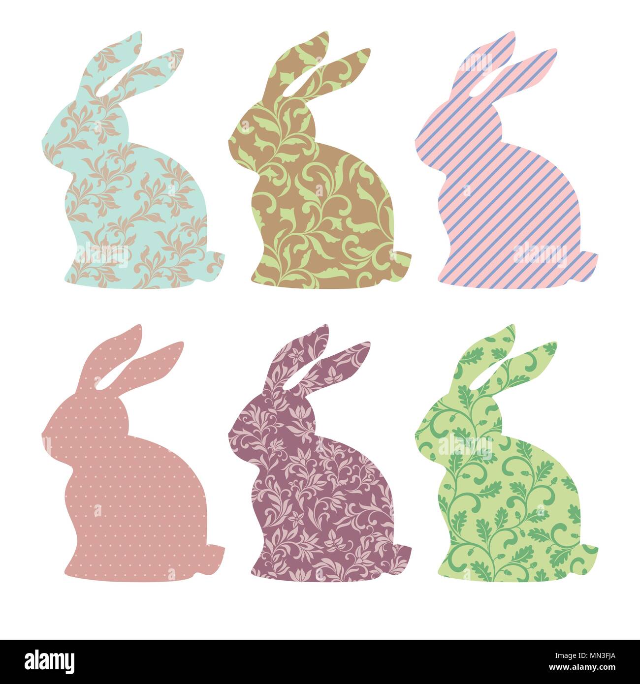 Set of Easter rabbits with different pattern isolated on a white ...