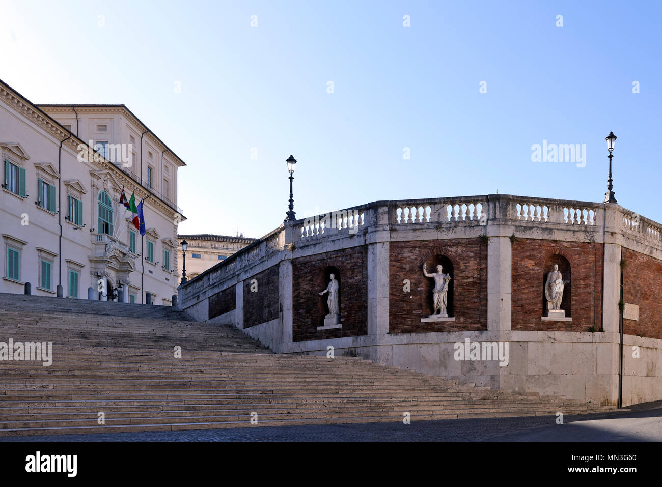 Statues line the staircase to the Palazzo del Quirinale on Quirinal ...