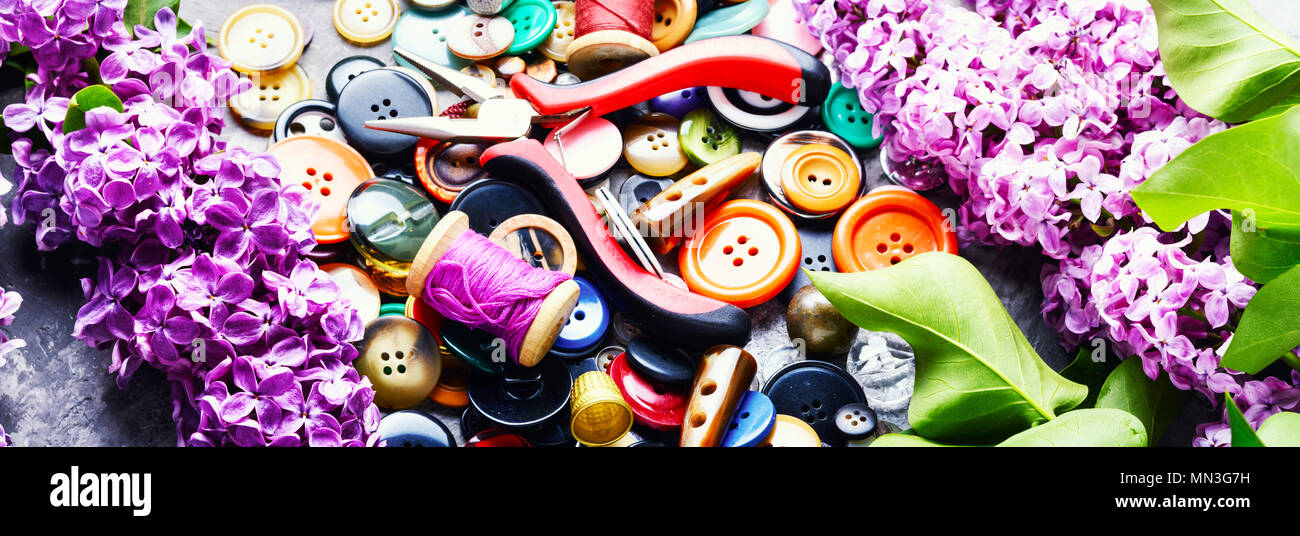 Set of sewing buttons,threads and scissors.Sewing accessories Stock ...