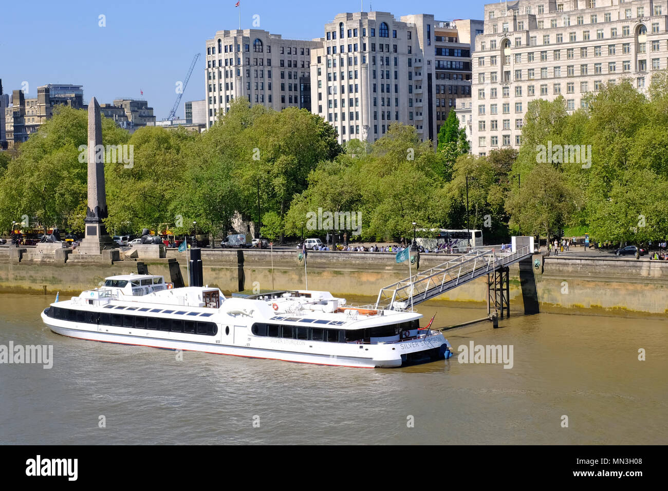 View from Waterloo Bridge of a river cruise boat - London Stock Photo ...