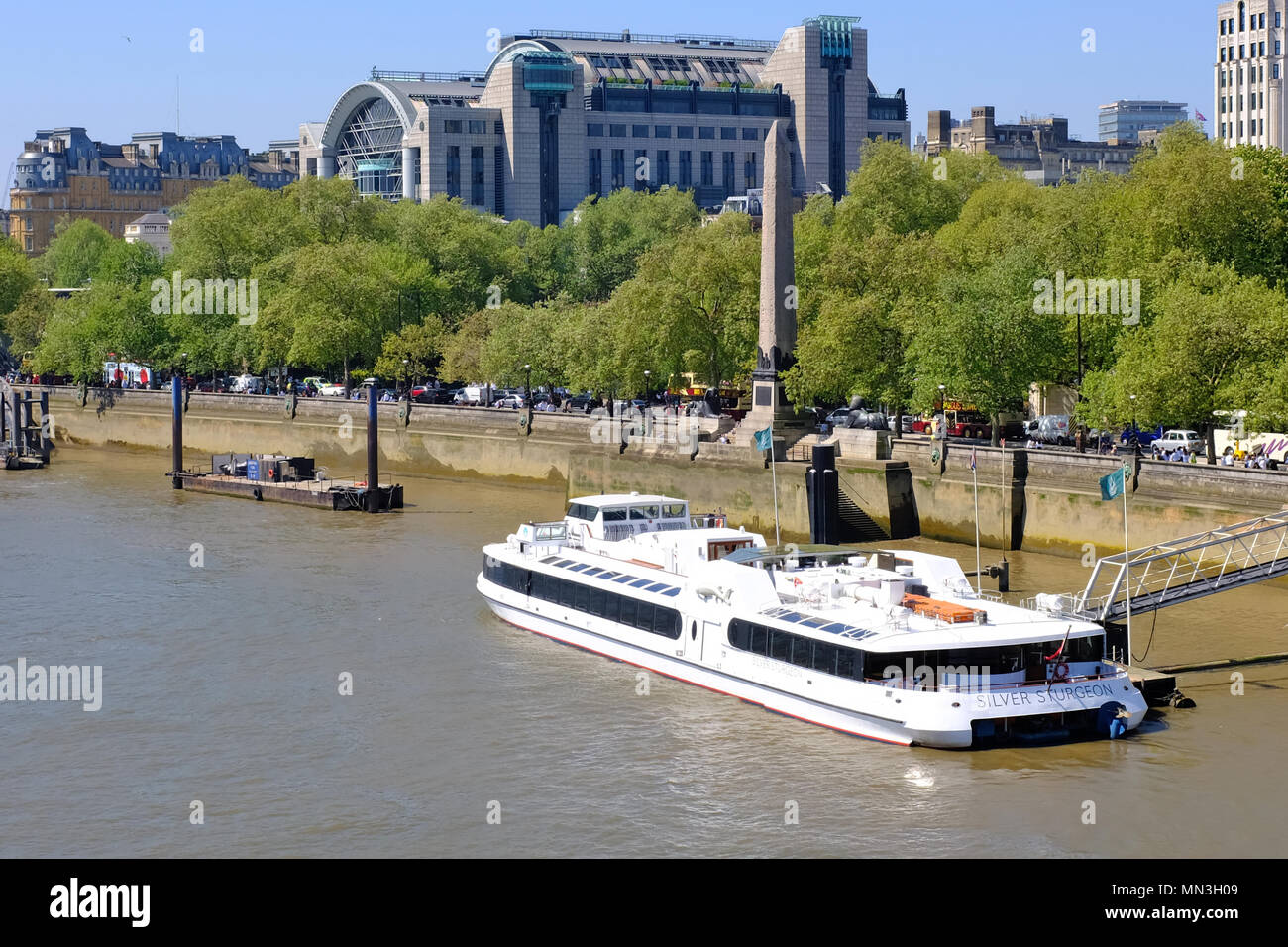View from Waterloo Bridge of a river cruise boat - London Stock Photo ...