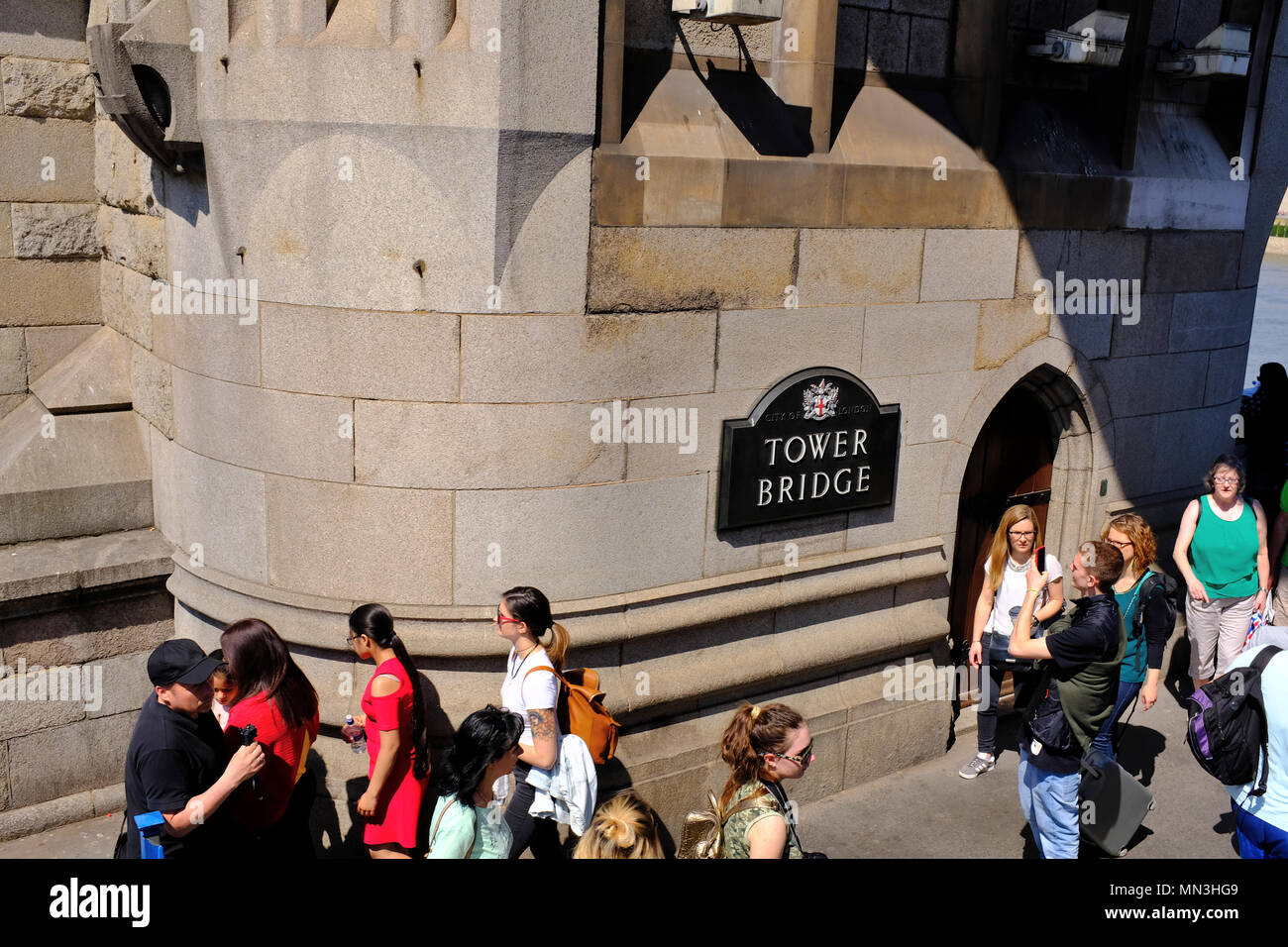 Tower Bridge seen from an open top sightseeing bus - London Stock Photo ...