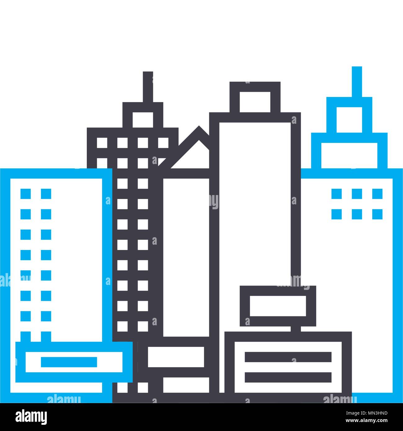 Building of high rises vector thin line stroke icon. Building of high ...