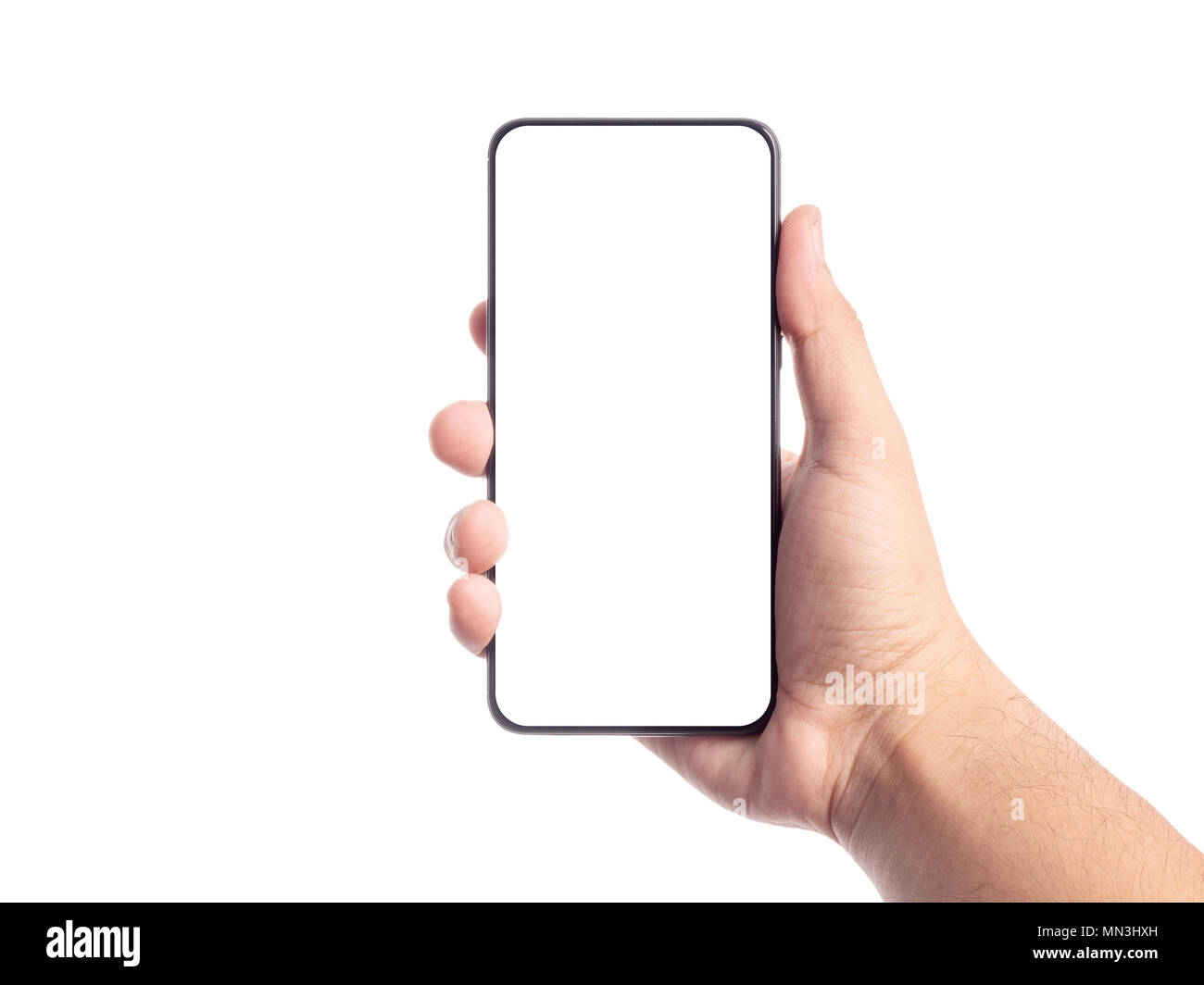 Male hand holding smartphone with blank white screen isolated ...