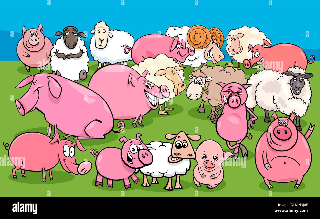 Cartoon Illustration of Funny Pigs and Sheep Farm Animal Characters ...