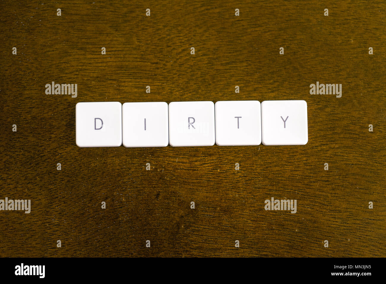 DIRTY word written on plastic keyboard alphabet with dark background ...