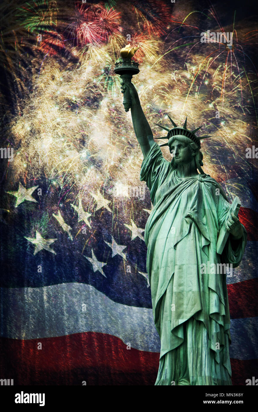Composite photo of the statue of Liberty with a flag and fireworks in ...