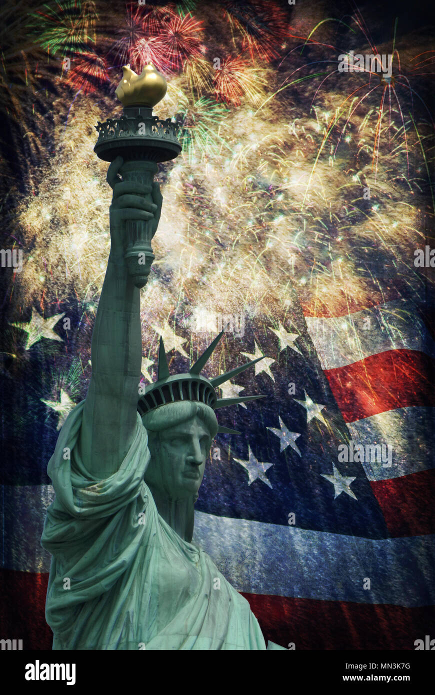 Composite photo of the statue of Liberty with a flag and fireworks in ...