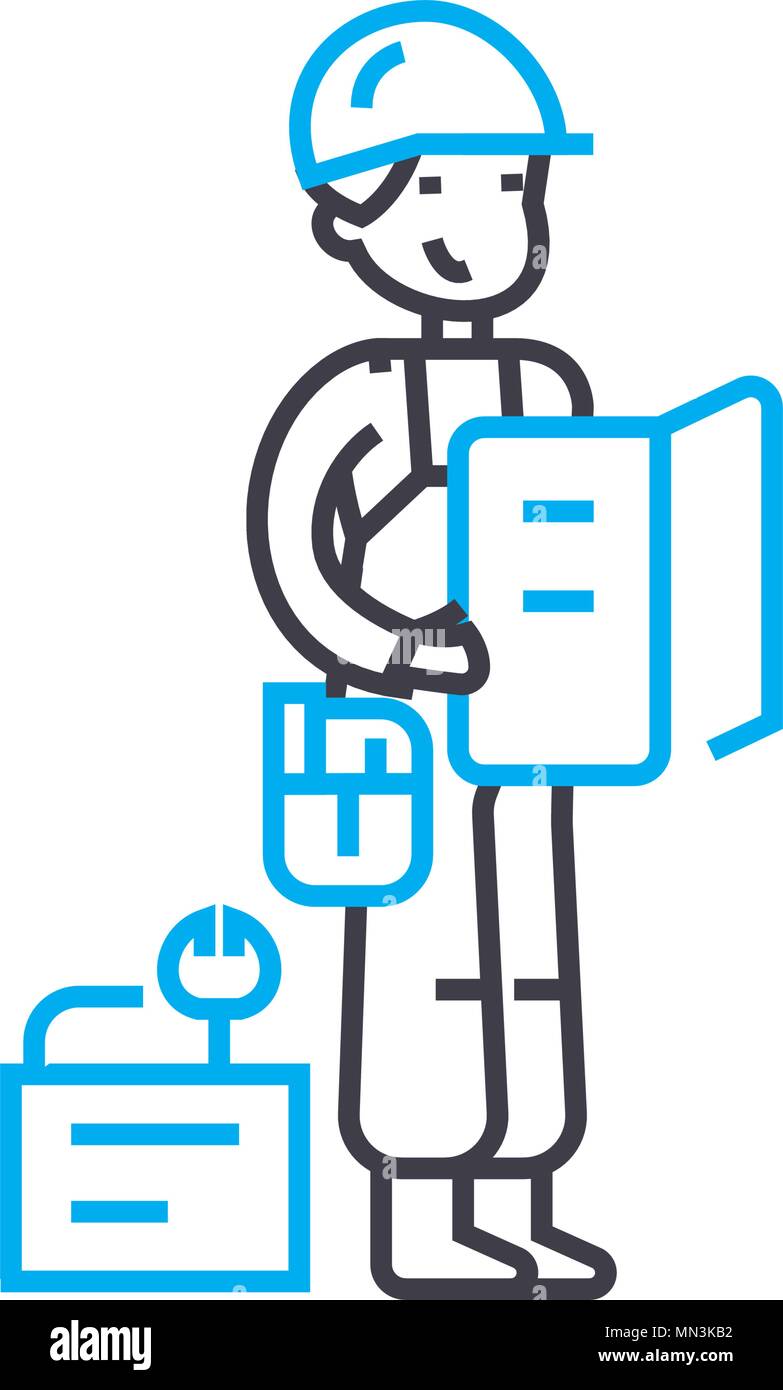 Measuring work man vector thin line stroke icon. Measuring work man ...