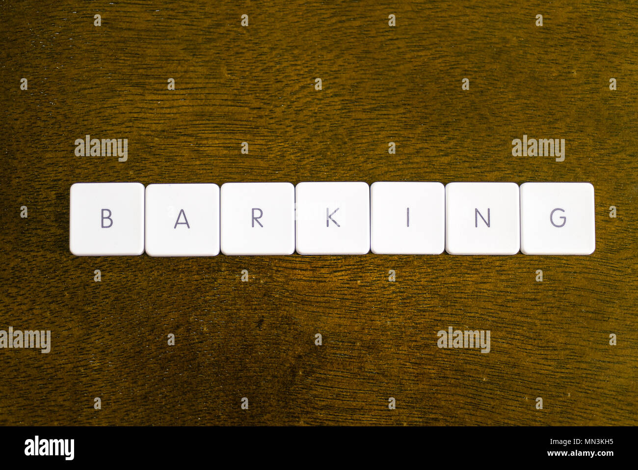 BARKING word written on plastic keyboard alphabet with dark background ...