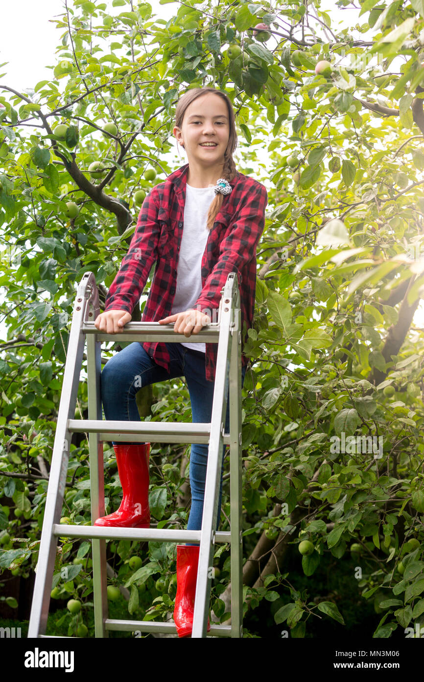Portrait of smiling teenage girl on top of stepladder a torchard Stock ...