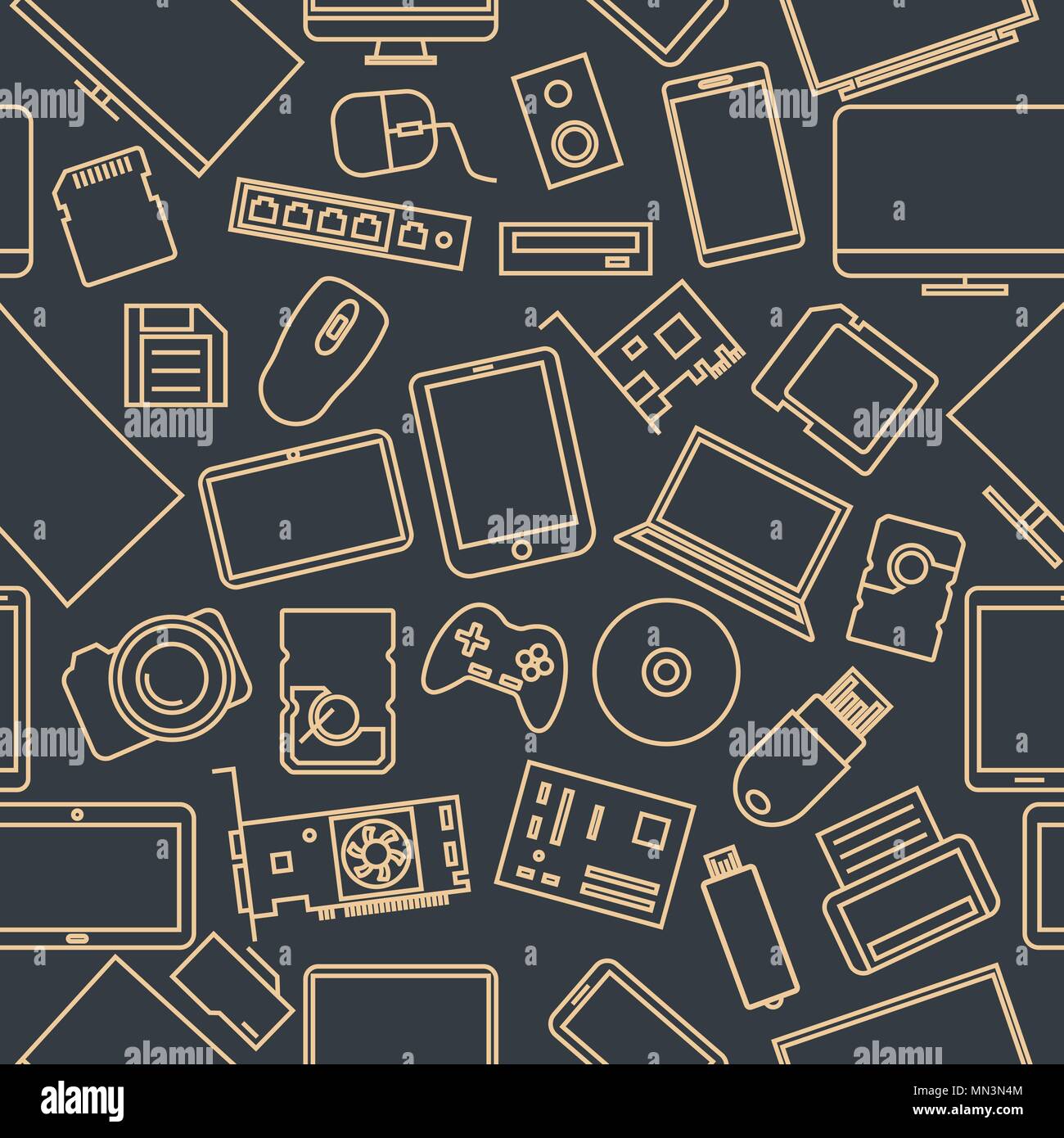 Seamless pattern from a set of computer and gadget icons of thin lines ...