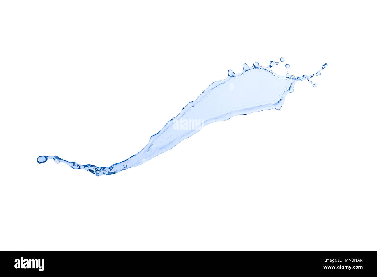 Colored splashes, drops, liquid water streams on a white isolated ...