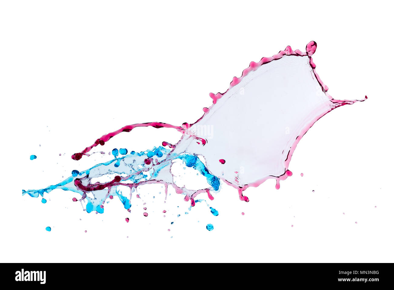 Colored splashes, drops, liquid water streams on a white isolated ...