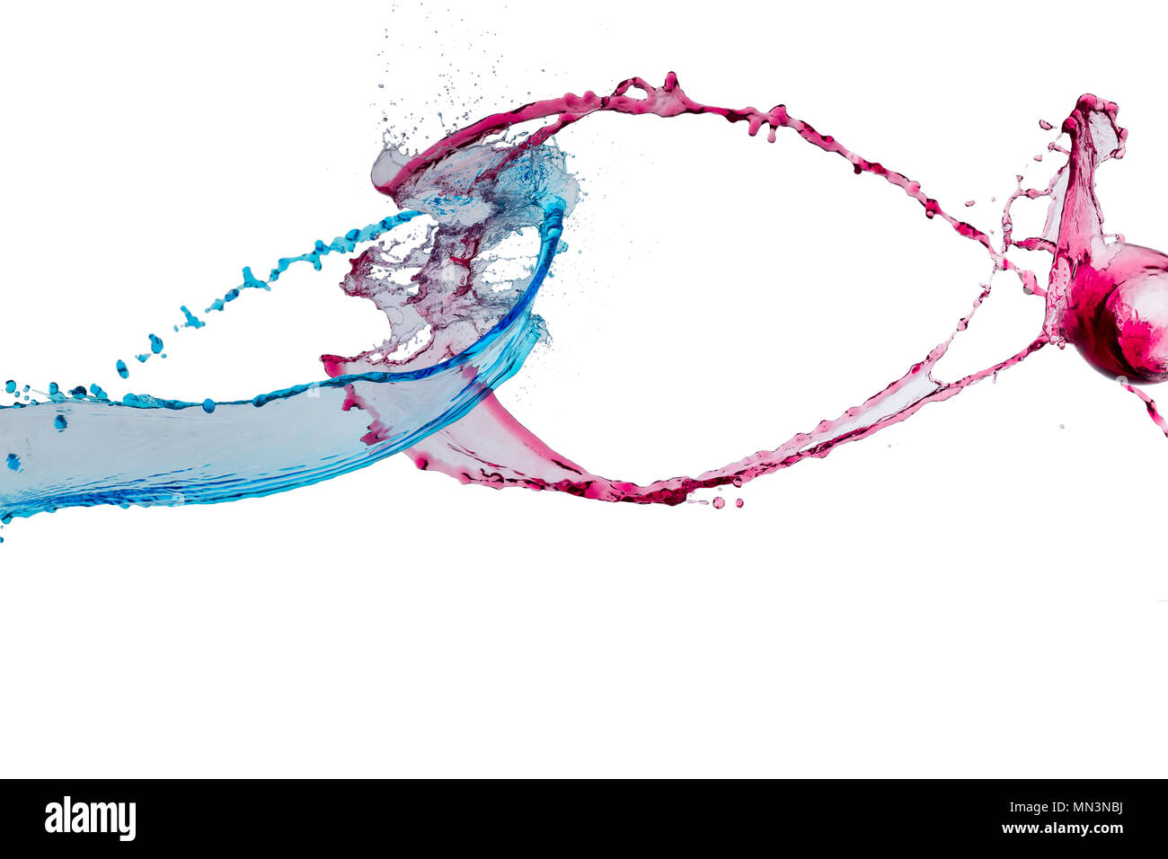 Colored splashes, drops, liquid water streams on a white isolated ...