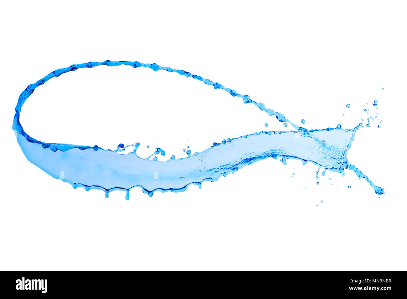 Colored splashes, drops, liquid water streams on a white isolated ...
