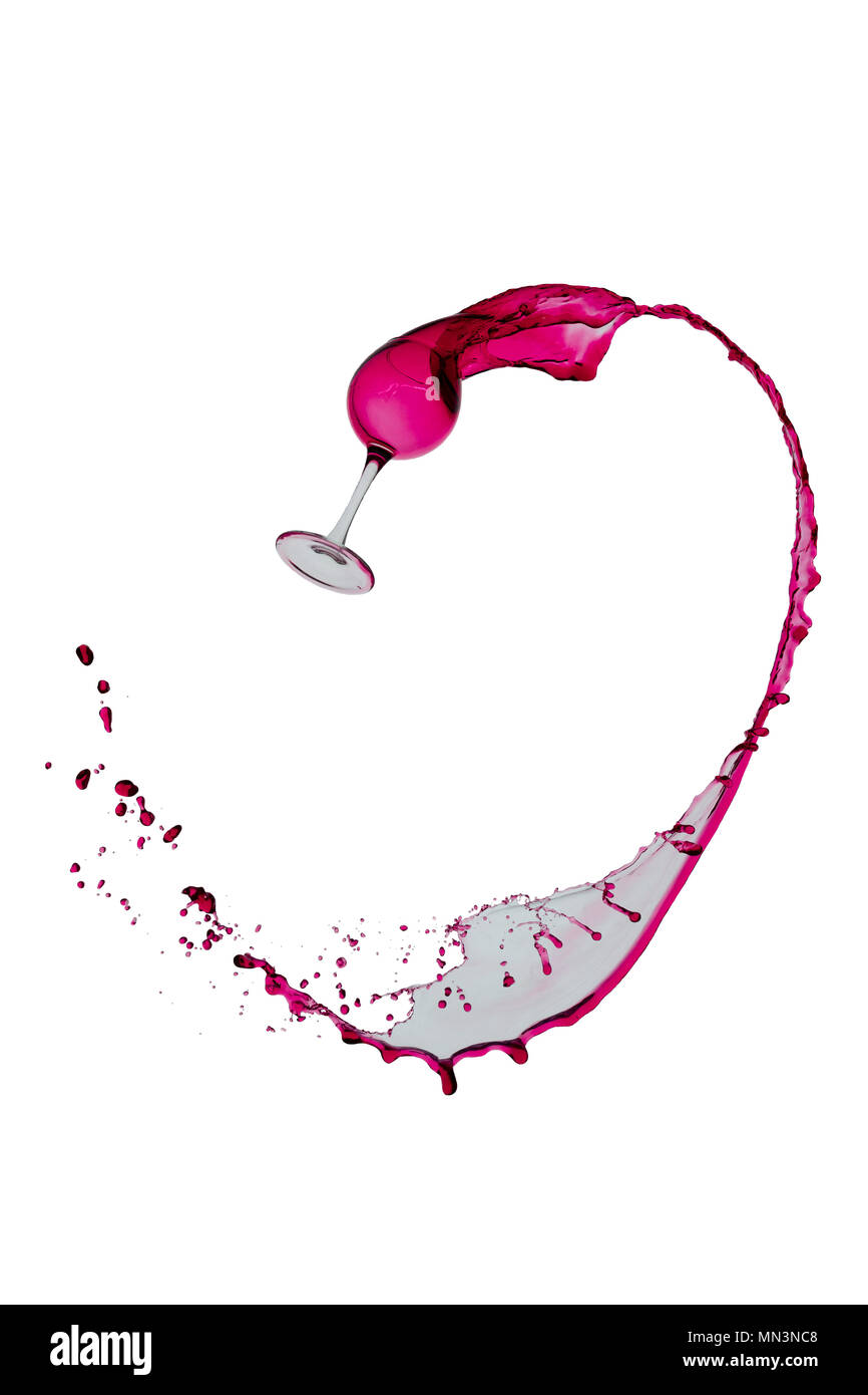 Falling wine glass with splashes of red wine on white isolated ...