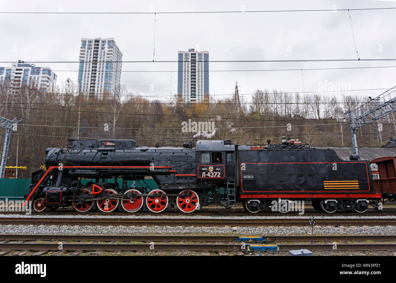 Perm, Russia - May 09, 2018: functioning Soviet class L steam ...