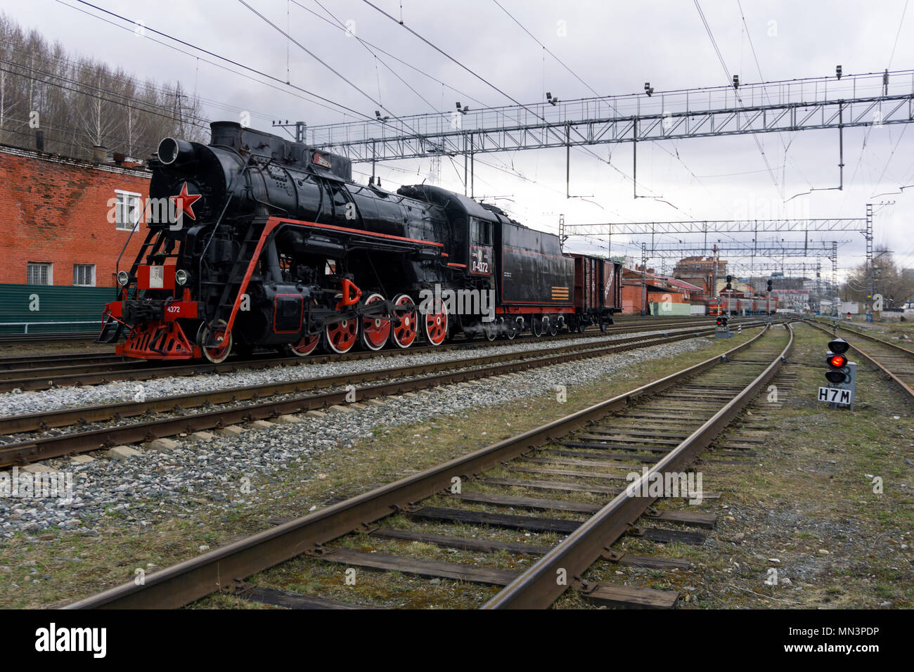 Perm, Russia - May 09, 2018: restored Soviet class L steam locomotive ...