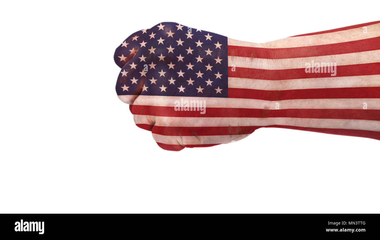 A male fist is painted with the American flag. Isolated in front of ...