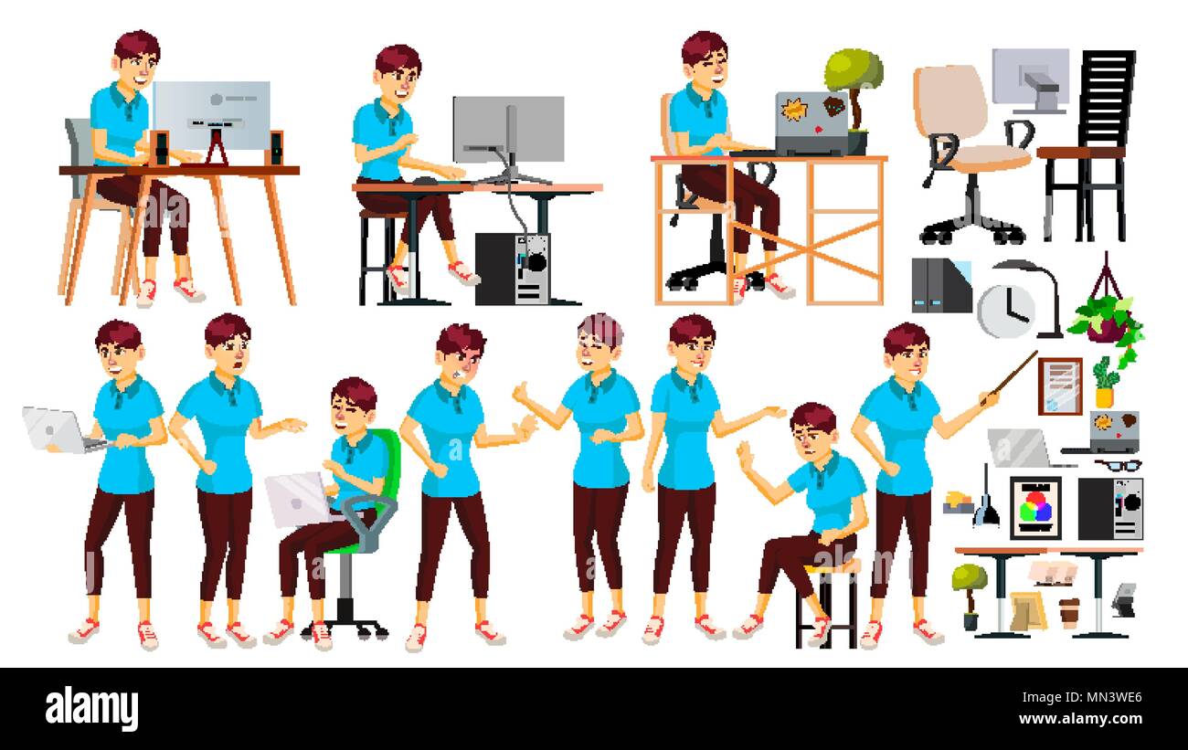 Office Worker Vector. Japanese Woman. Smiling Servant, Officer ...