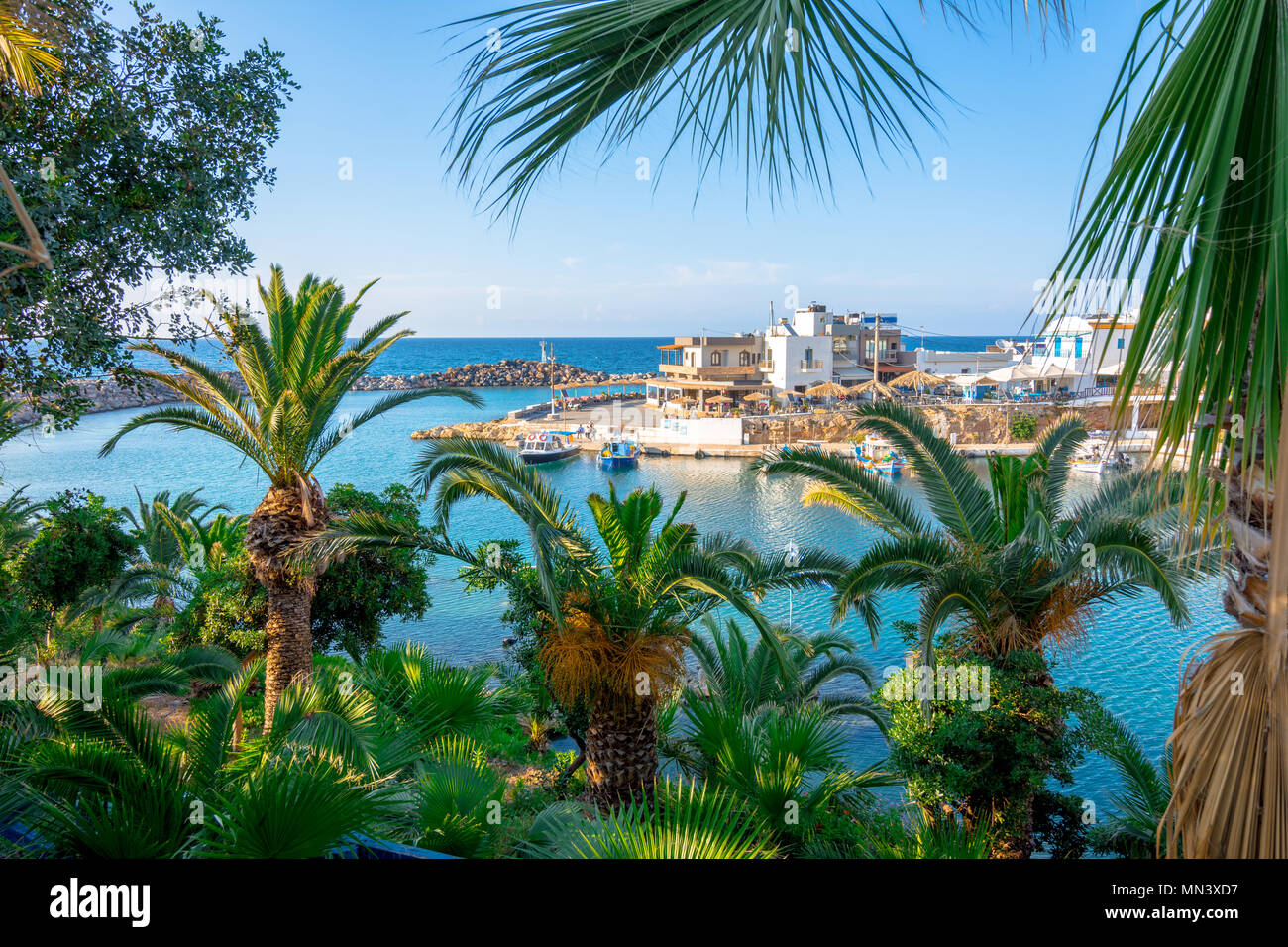 A nice spring view of the old harbor of traditional village Sisi, Crete ...