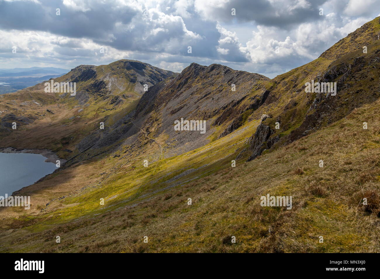 Looking across to Moelwyn Bach from just below the summit of Moelwyn Mawr. Part of Llyn Stwlan ...