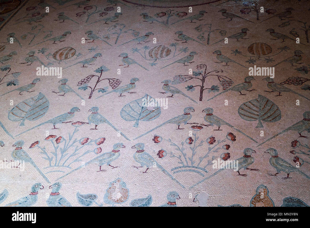 Ancient mosaic pattern on the floor depicting flowers and birds in ...