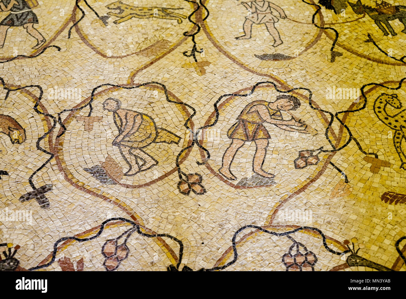 Ancient mosaic pattern depicting usician and farmer in Madaba ...