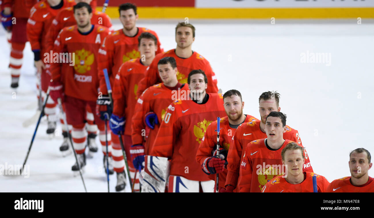 Kodan, Denmark. 14th May, 2018. Russian players line up after they won ...