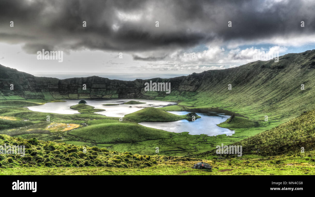 Landscape sunset view to Caldeirao crater at Corvo island, Azores ...