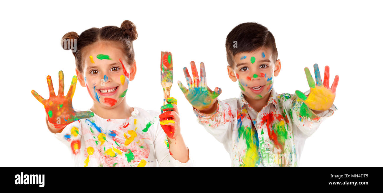 Happy children painting isolated on a white bacground Stock Photo - Alamy