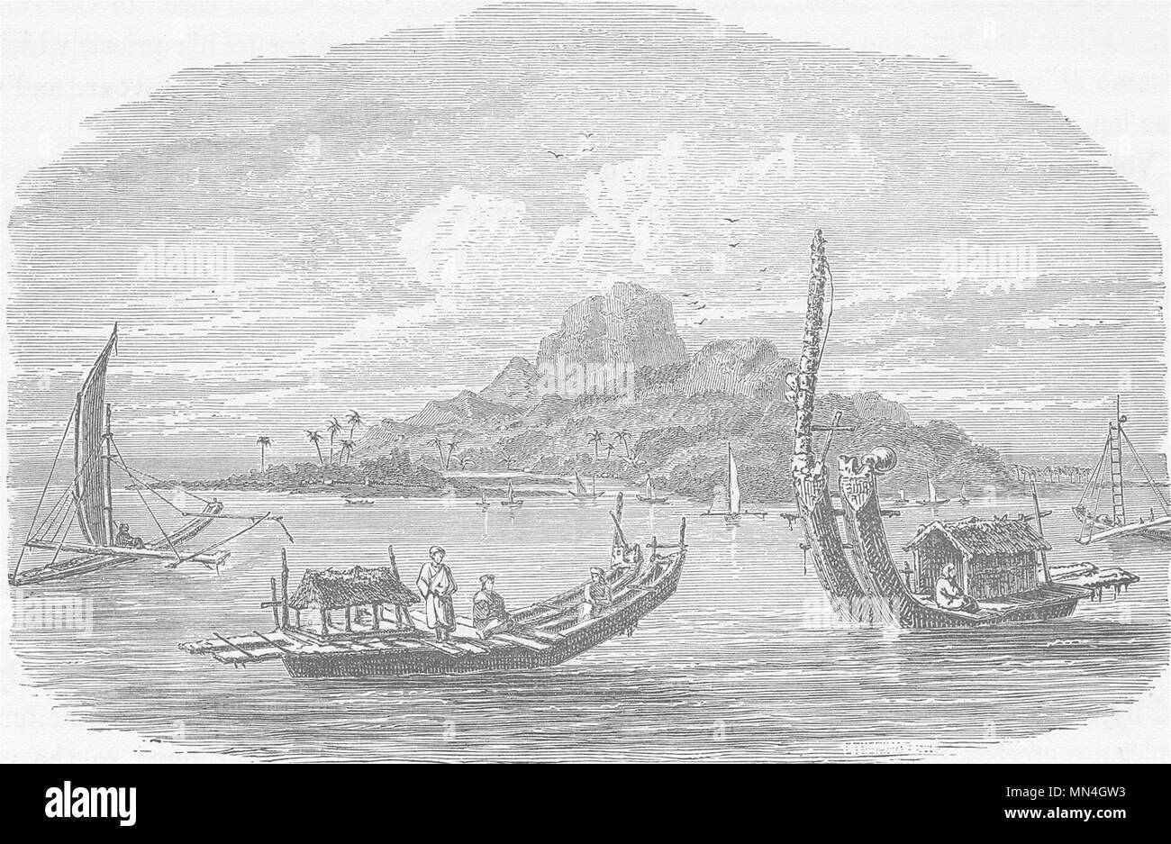 POLYNESIA. View of the Isle of Tahiti, with Native Canoes 1890 old ...