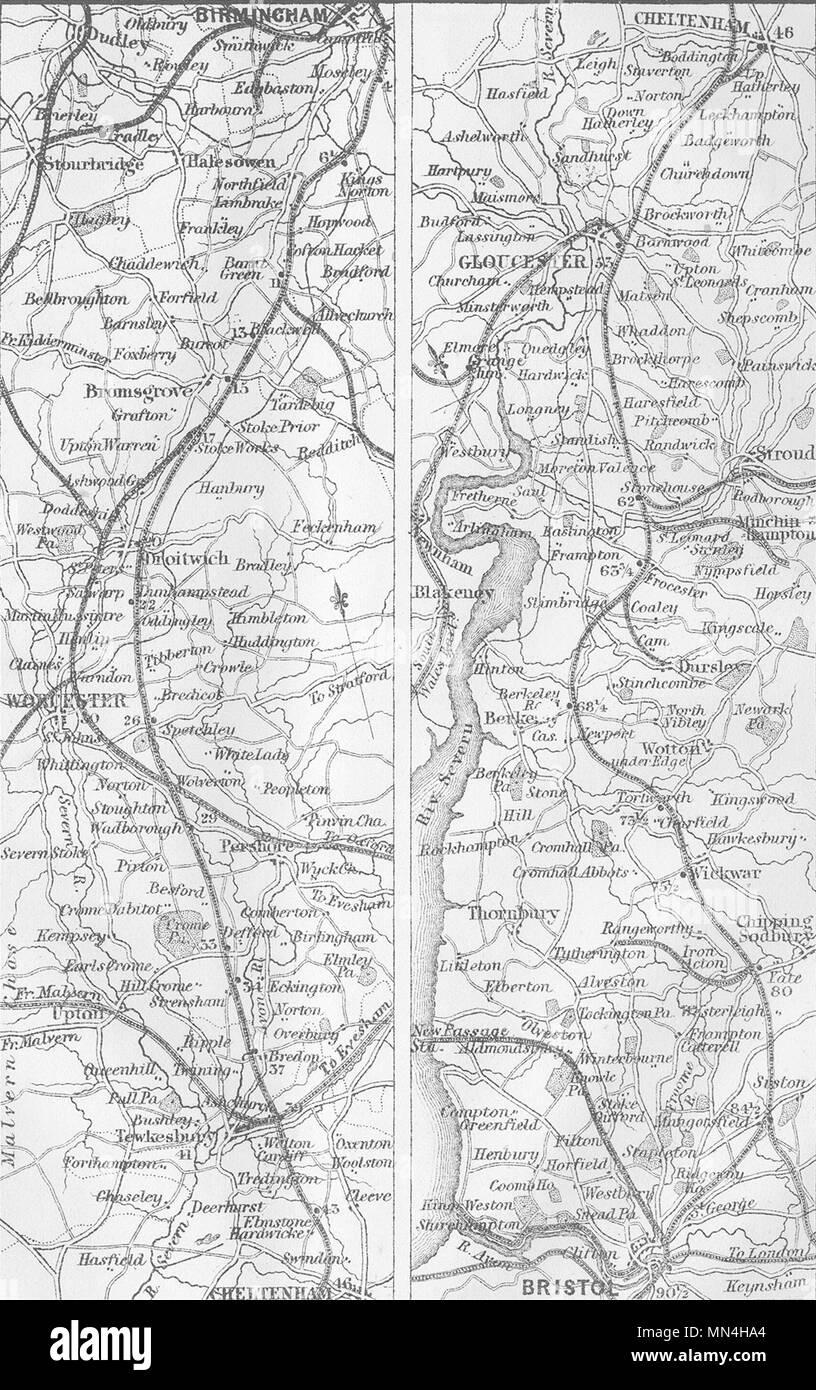 RAIL MAP. Bristol, Birmingham, Gloucester, Cheltenham 1874 old antique ...