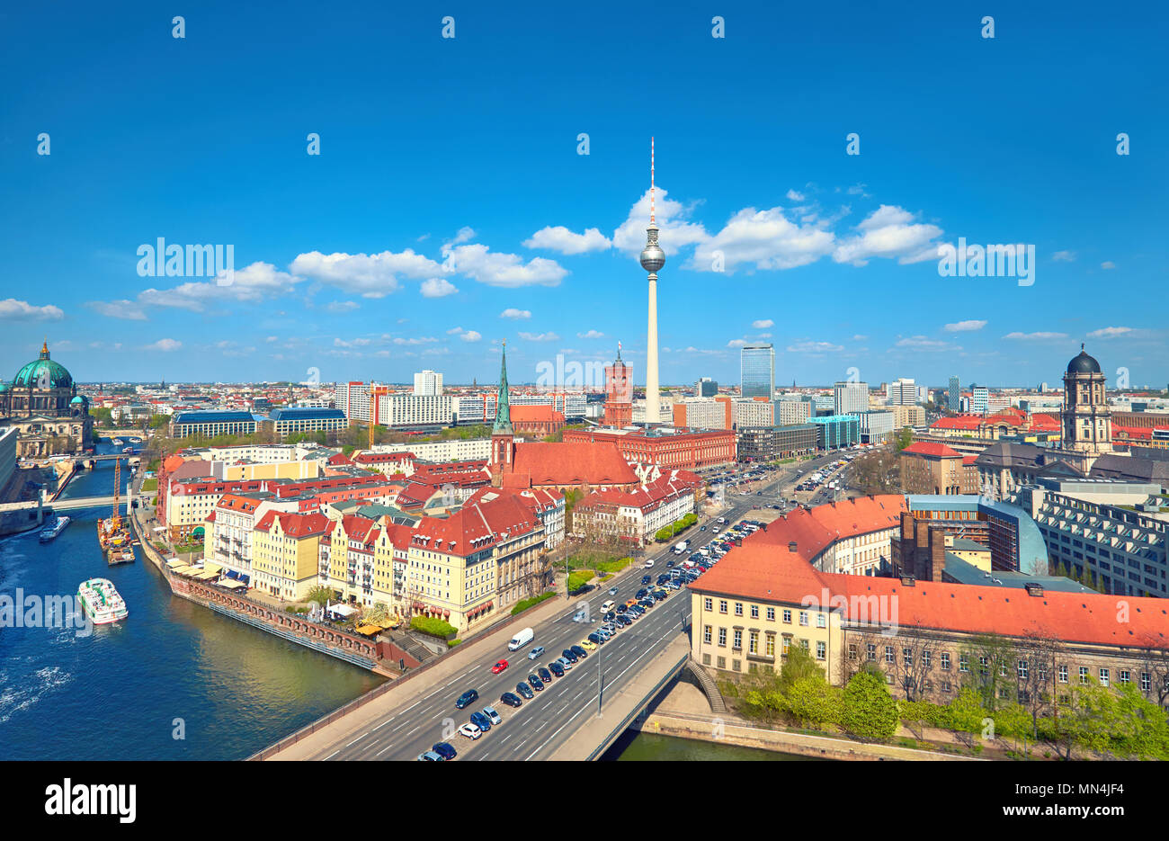 Aerial view of central Berlin on a bright day in Spring, including ...