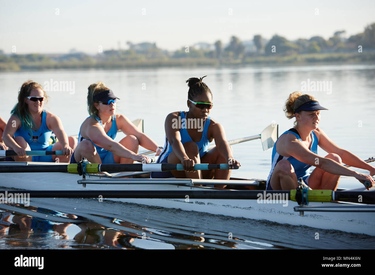 Female rowers rowing scull on sunny lake Stock Photo - Alamy