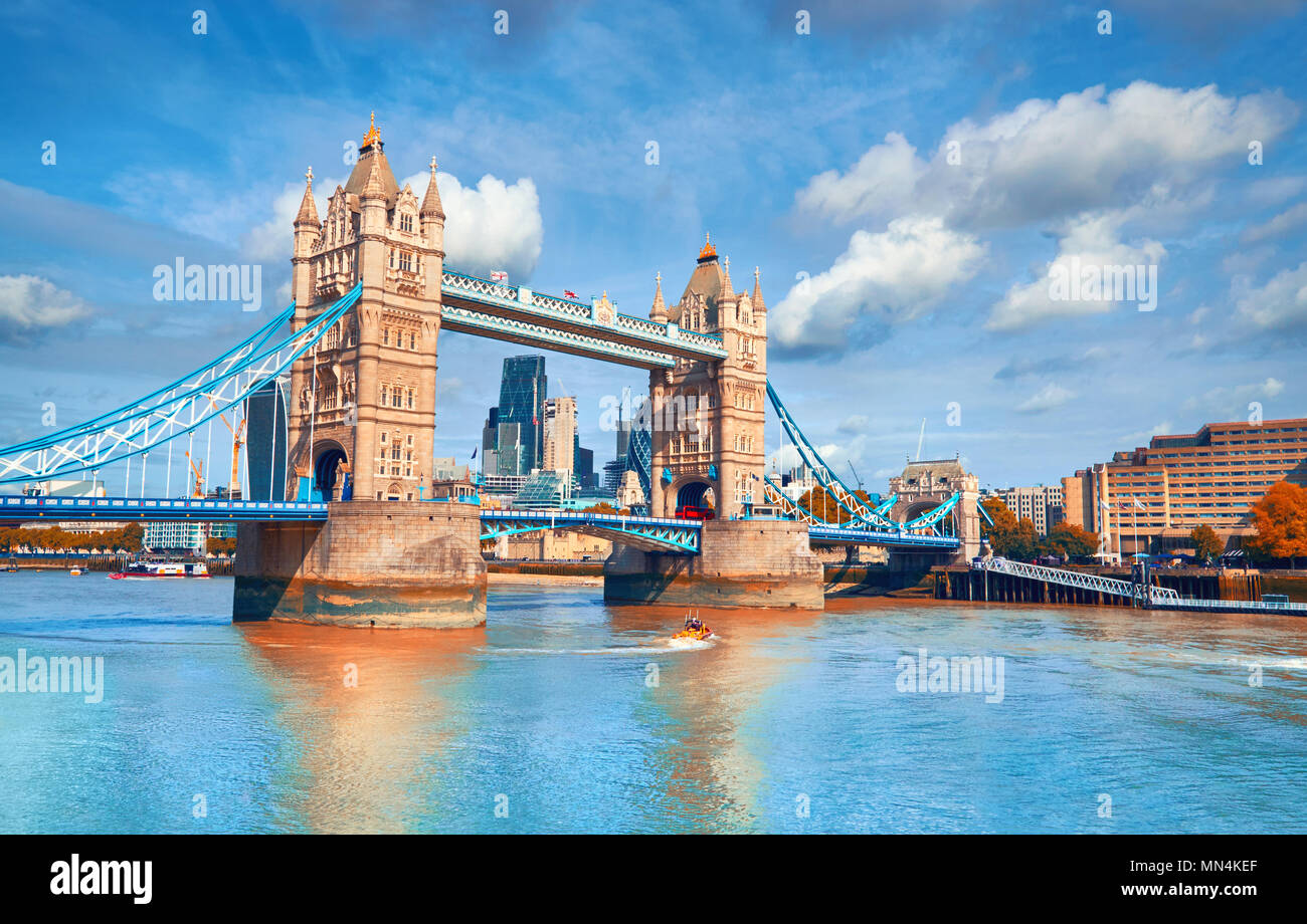 Tower Bridge on a bright sunny day in Autumn. Location - London ...