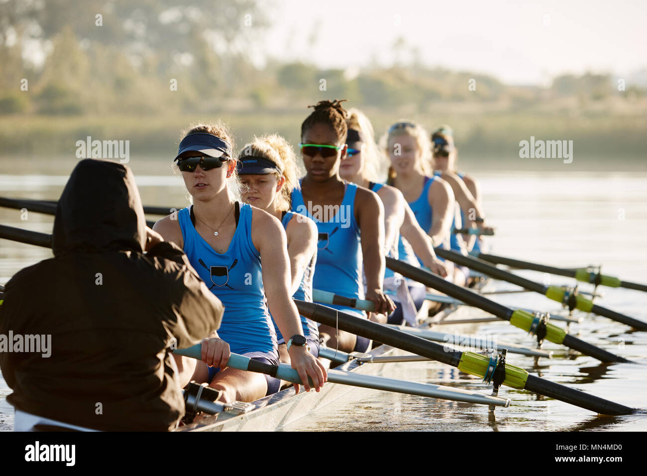Female rowing team rowing scull on lake Stock Photo - Alamy