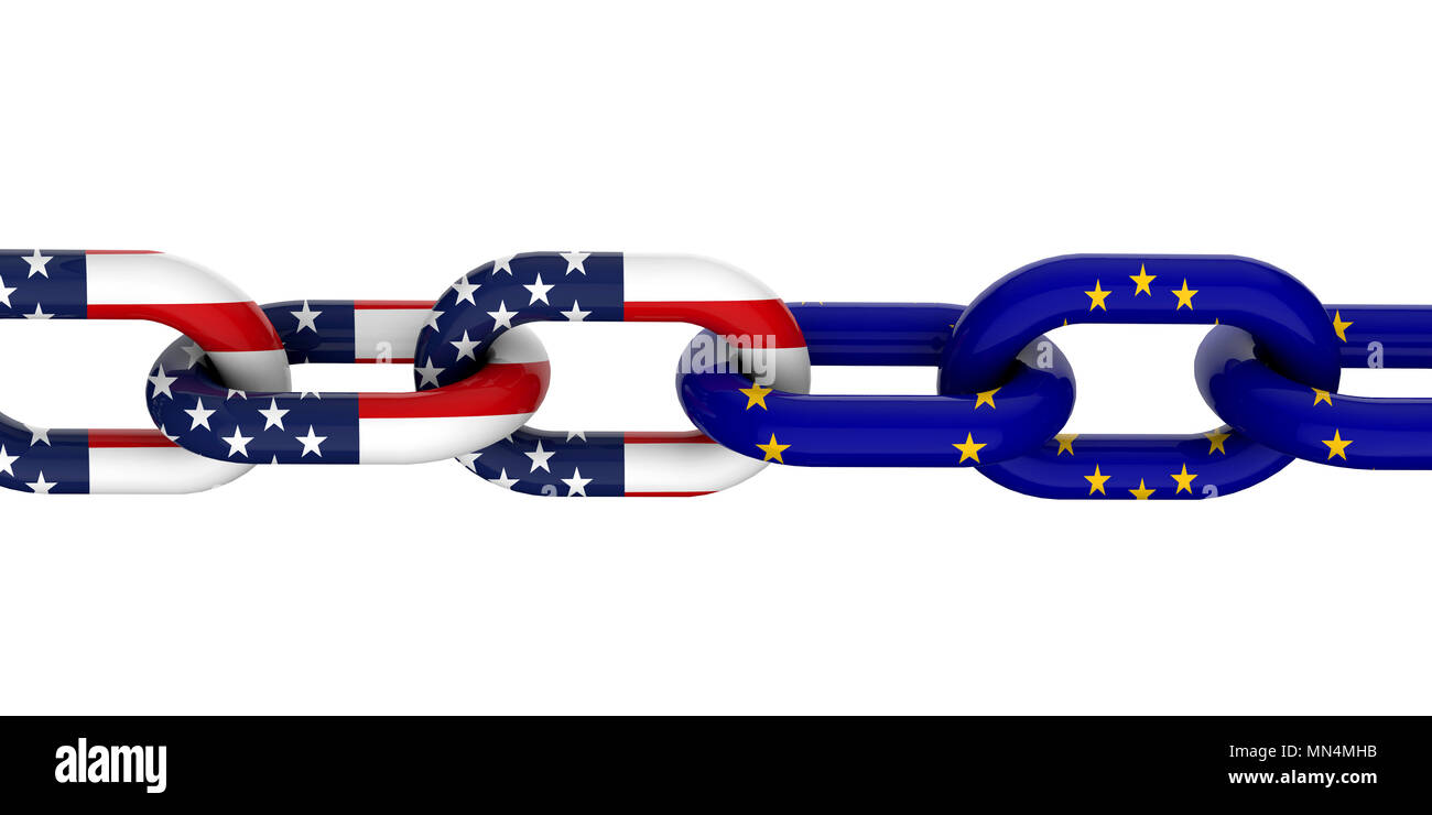 USA and European Union relationship concept. National flags on linked ...