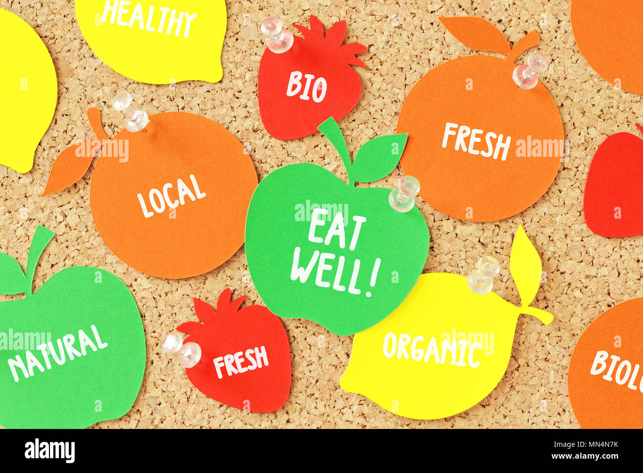 Fruit shaped paper note on pinboard - Healthy eating concept Stock ...