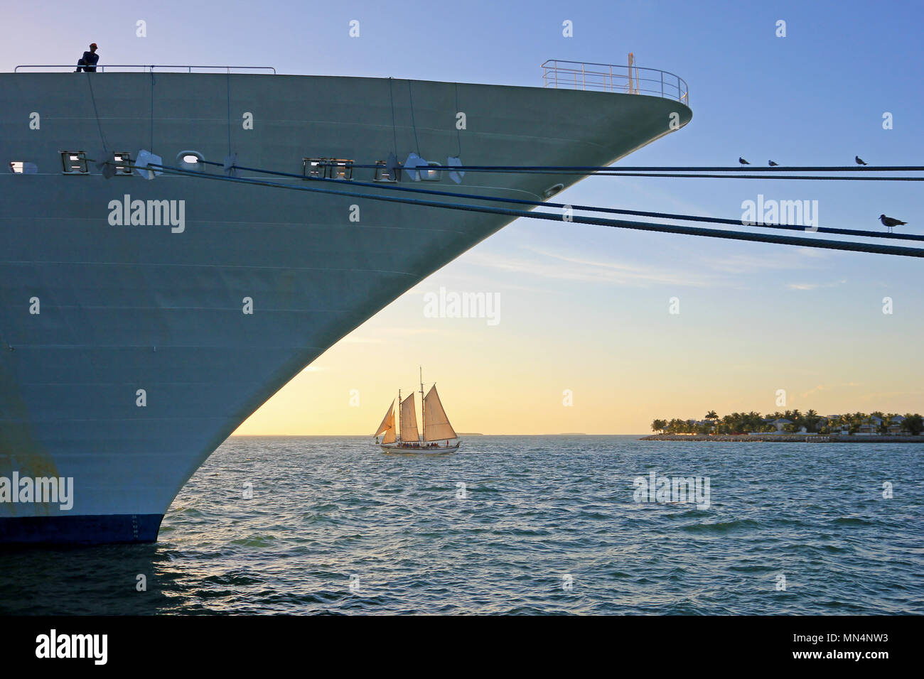 Big cruise ship and small sailing boat, size comparison, Key West ...