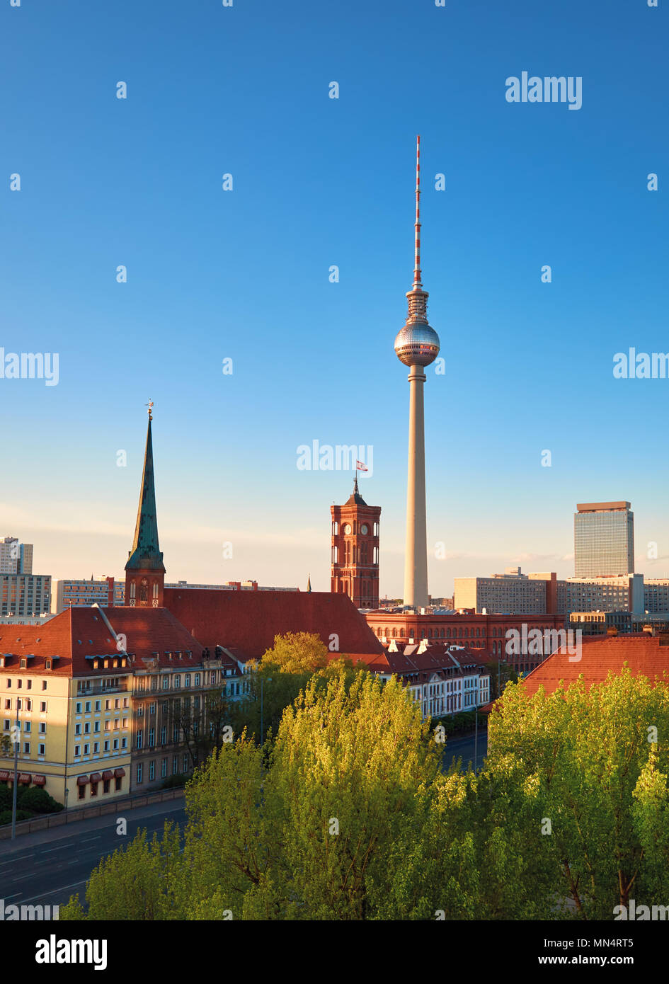 Aerial view of central Berlin on a bright day in Spring, including old ...
