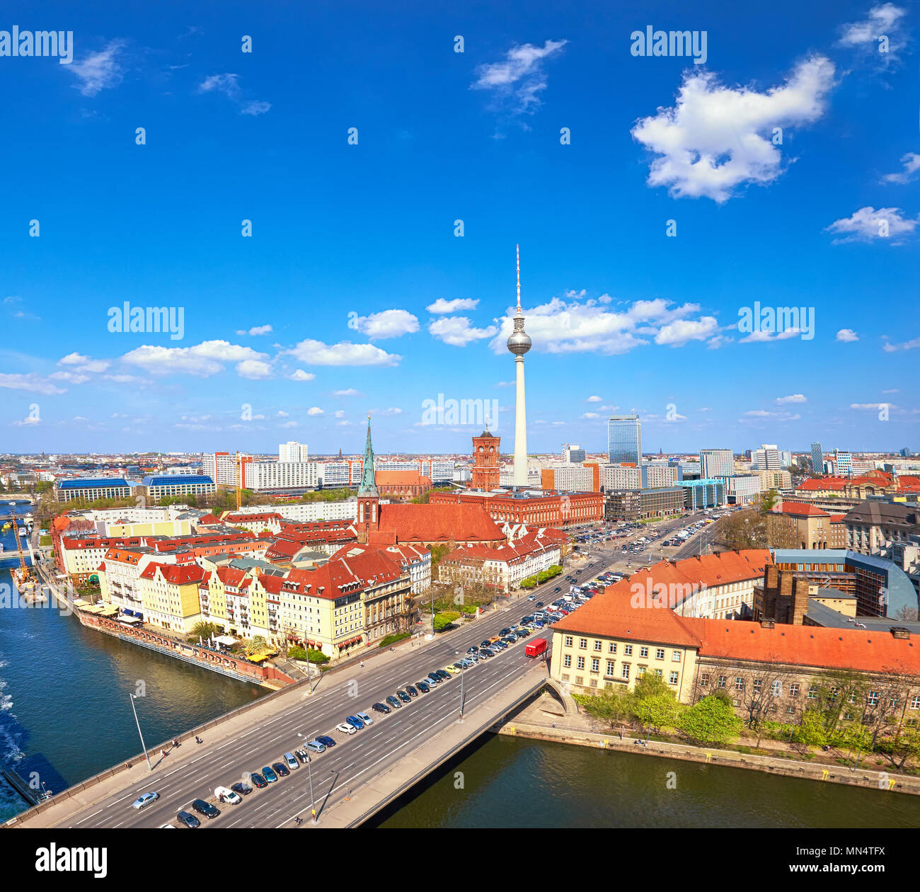 Aerial view of central Berlin on a bright day in Spring, including ...