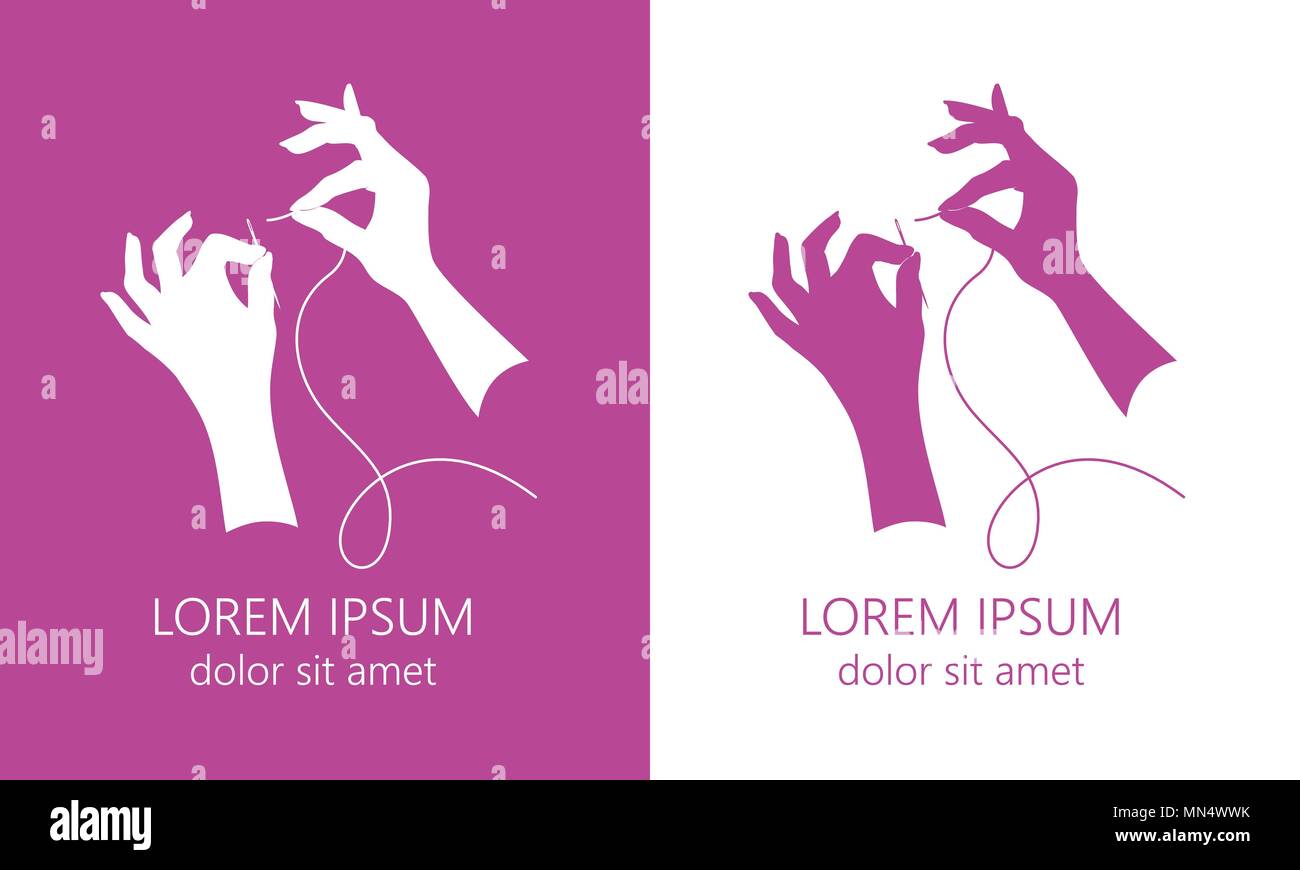 Needle and thread in hands on white and purple background. Vector ...